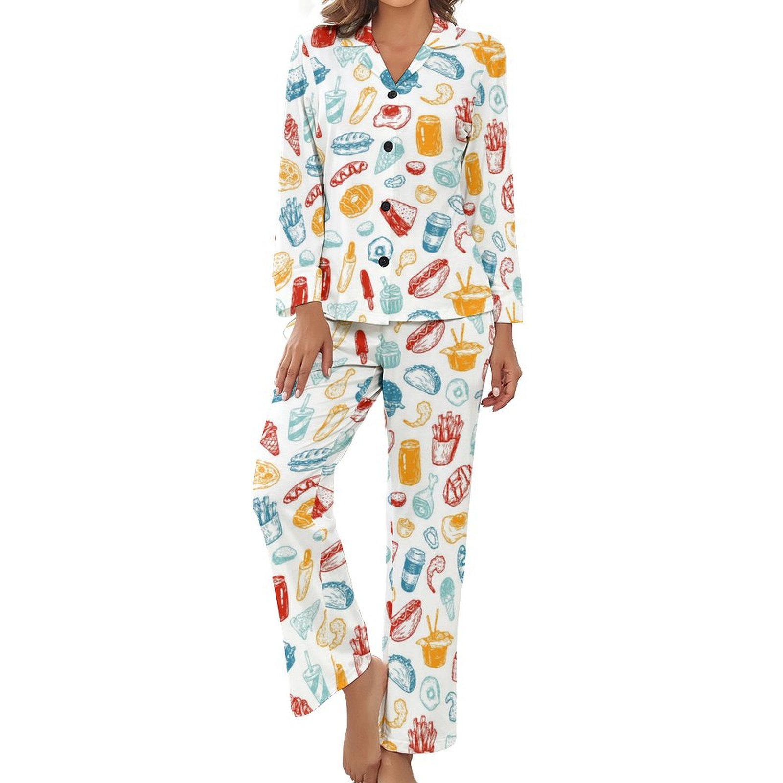 Pajamas for Women Set 2 Piece - Fast Food 2 Long Sleeve Satin PJ Sets ...