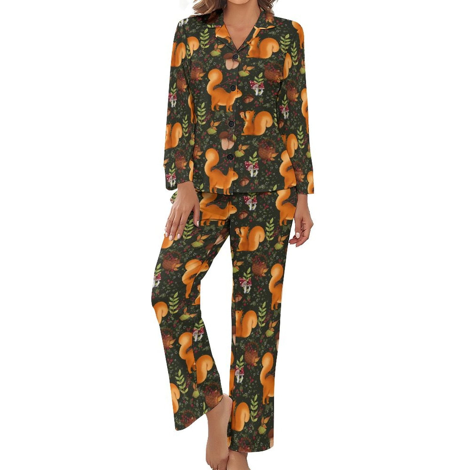 Pajamas for Women Set 2 Piece - Festive Squirrels Dark Forest Long ...
