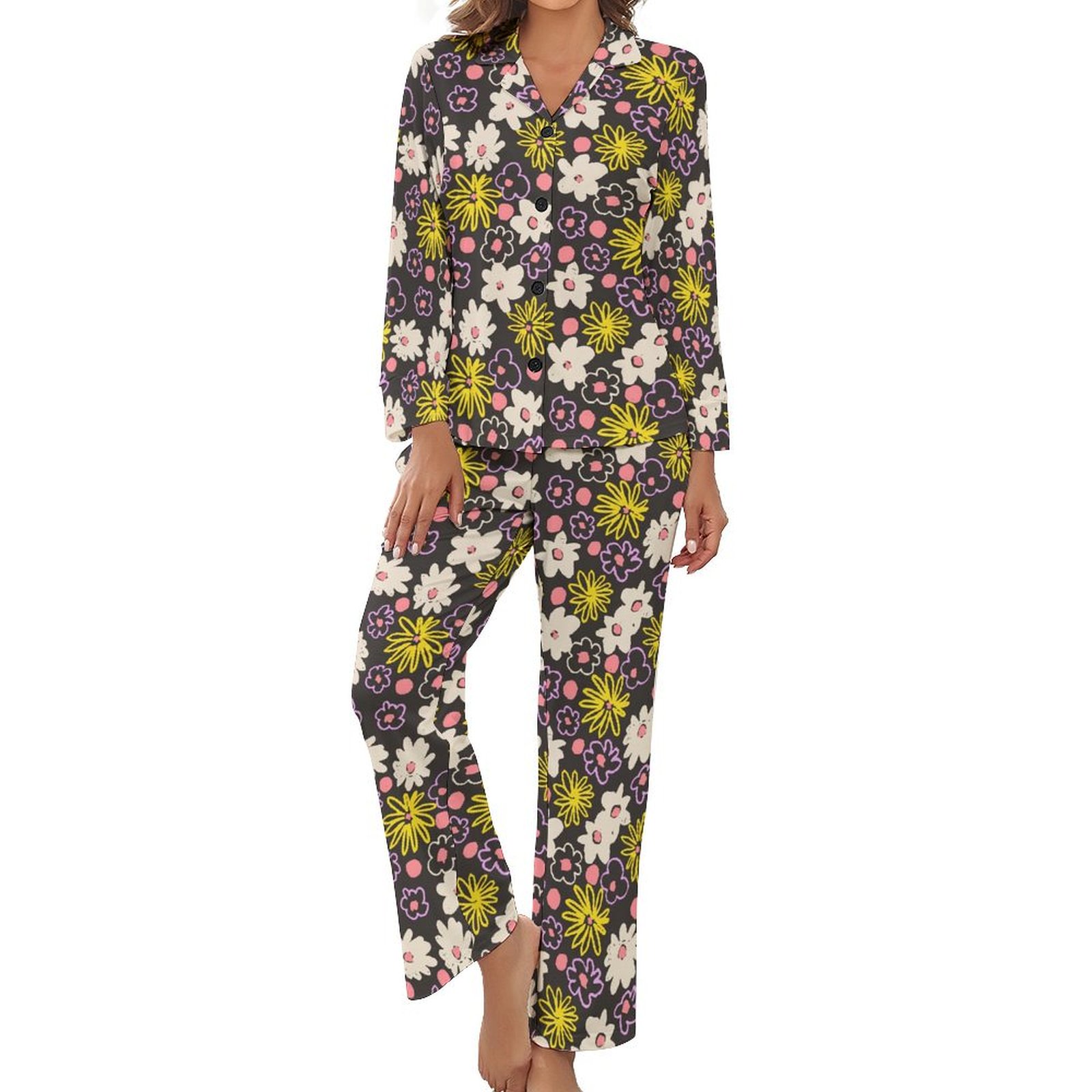 Pajamas for Women Set 2 Piece - Flowers Daisy Long Sleeve Satin PJ Sets ...