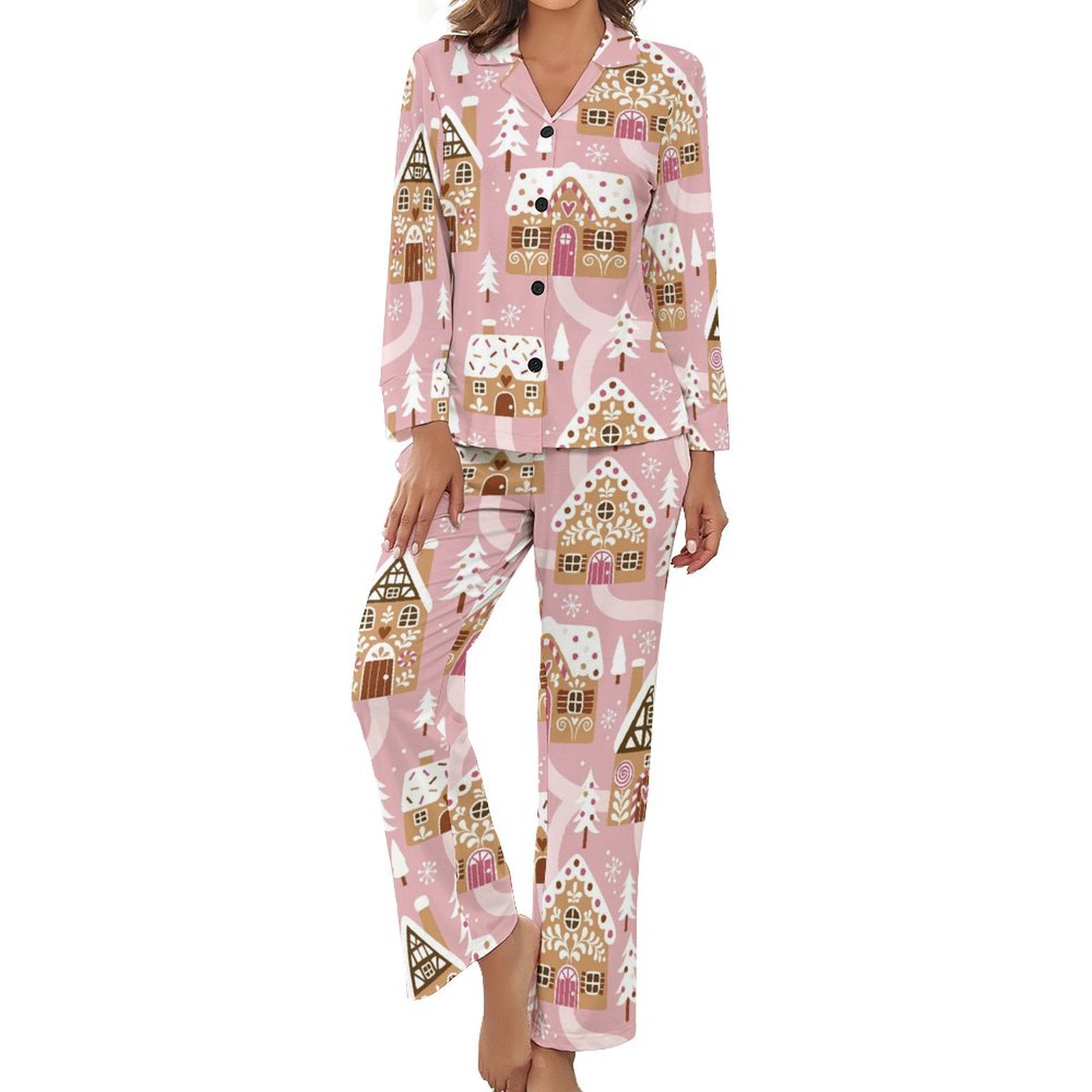 Pajamas for Women Set 2 Piece - Gingerbread Houses Pink Wonderland Long ...
