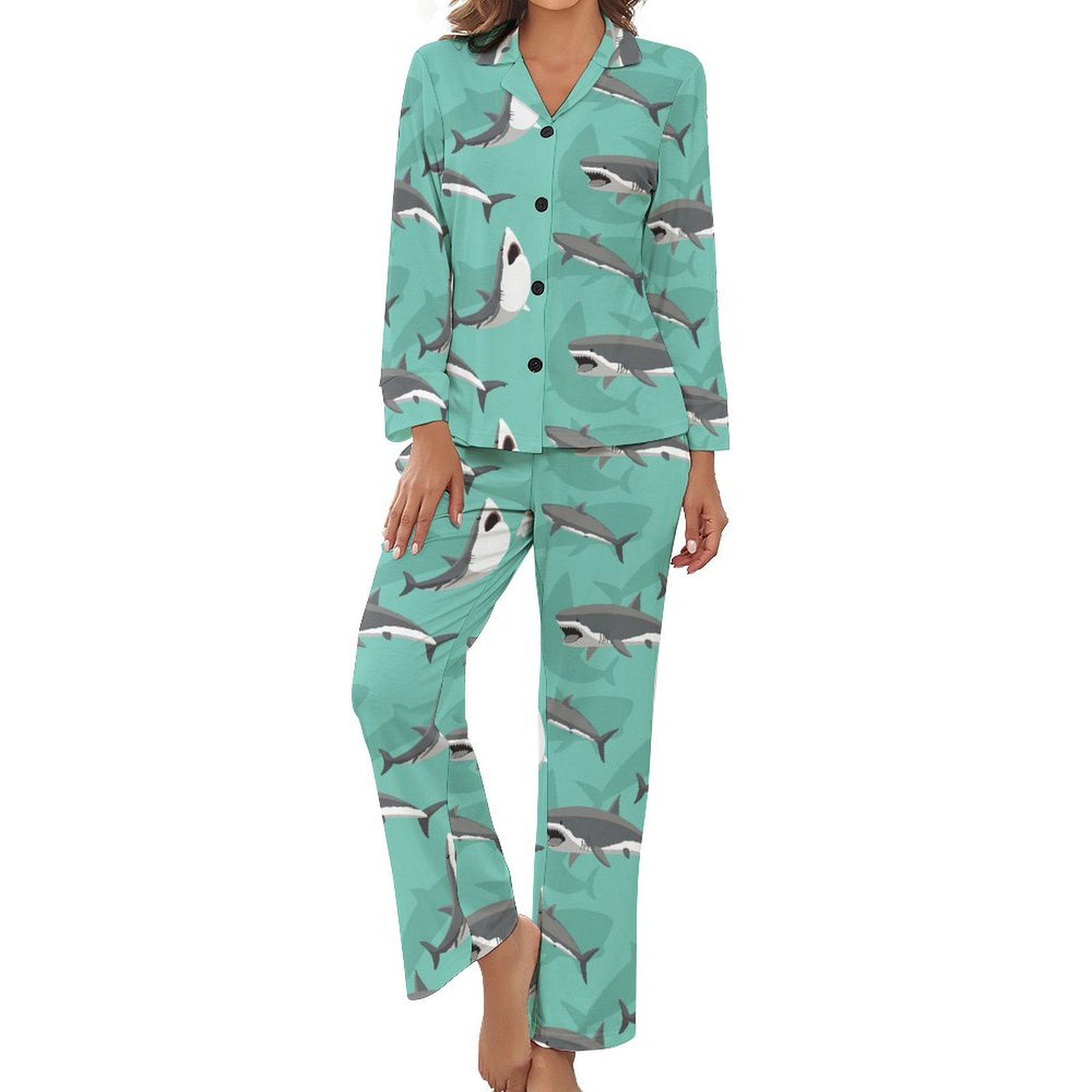 Pajamas for Women Set 2 Piece - Great White Shark Long Sleeve Satin PJ ...