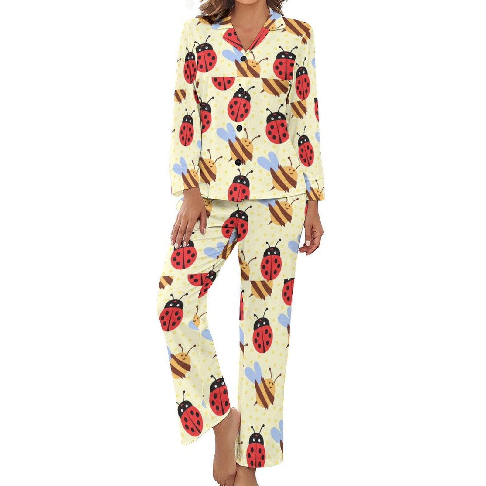 Pajamas for Women Set 2 Piece - Ladybug And Bee Long Sleeve Satin PJ ...