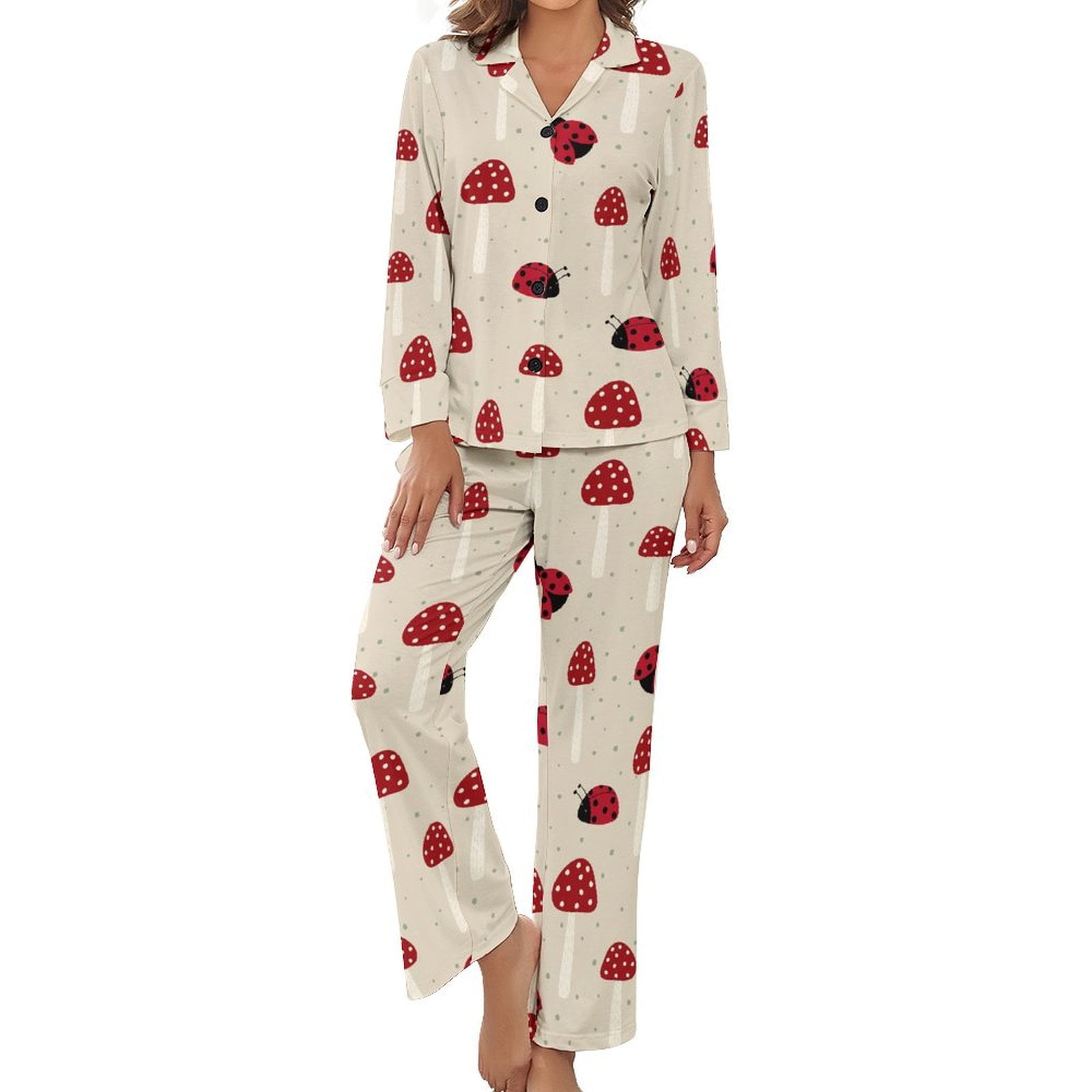 Pajamas for Women Set 2 Piece - Ladybug With Mushroom Long Sleeve Satin ...