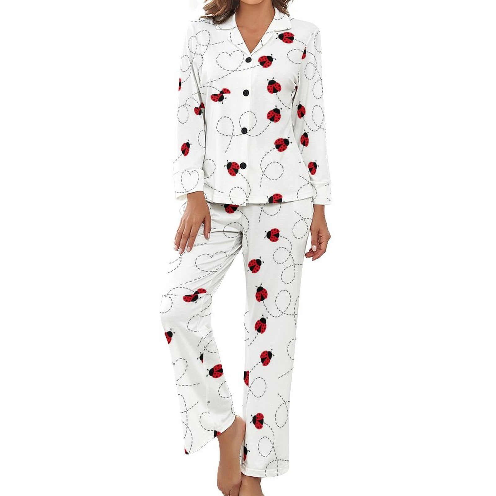 Pajamas for Women Set 2 Piece - Ladybugs Flying On Dotted Route Long ...