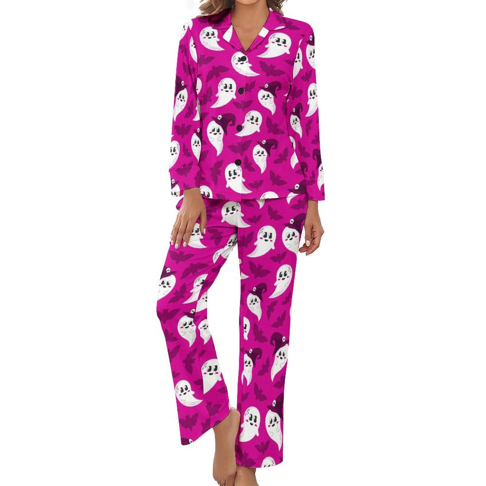 Pajamas for Women Set 2 Piece - Pink Background Halloween Spooky Long ...