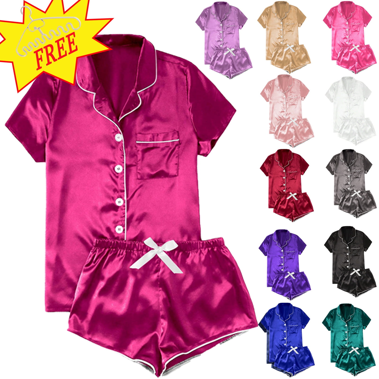Pajamas for Women Set 2 Piece Pj Short Sets Bride Sleepwear Button Up,Hot Pink,L - Walmart.com
