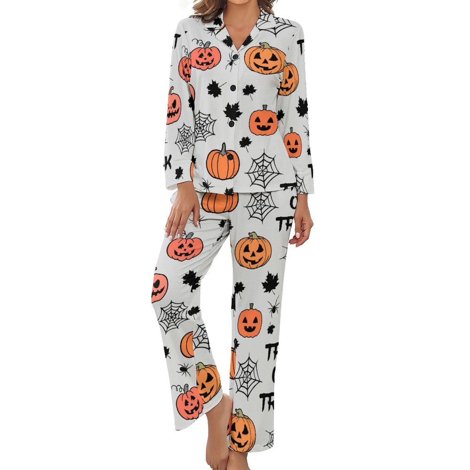 Pajamas for Women Set 2 Piece - Pumpkin Halloween Cartoon Long Sleeve ...