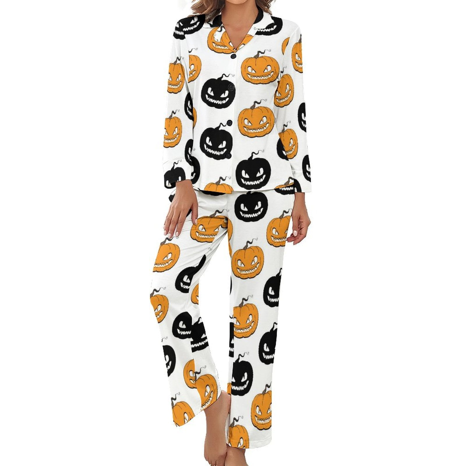 Pajamas for Women Set 2 Piece - Pumpkins Halloween Elements Long Sleeve ...