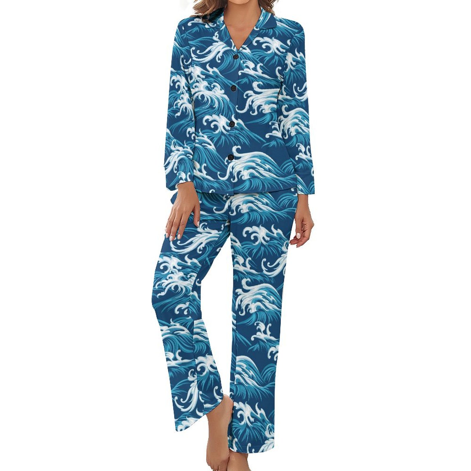 Pajamas for Women Set 2 Piece - Sea Water Wave Long Sleeve Satin PJ ...