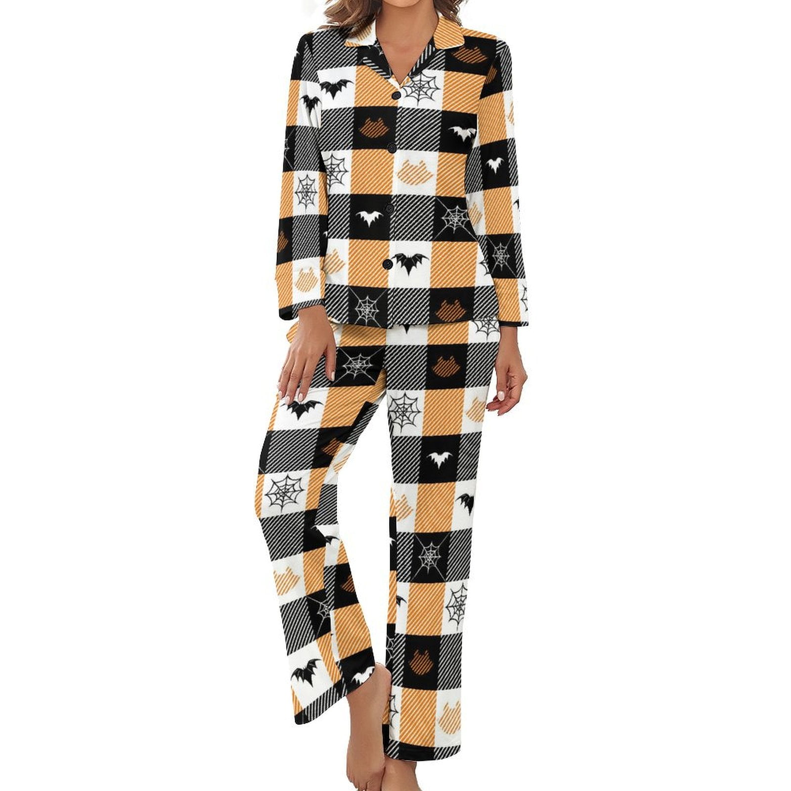Pajamas for Women Set 2 Piece - Spider Web Bat Halloween Long Sleeve ...