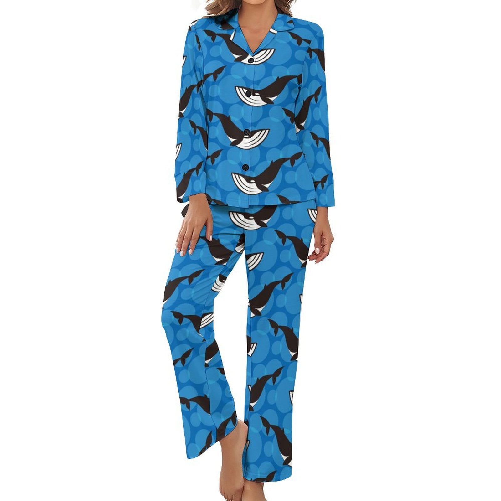 Pajamas for Women Set 2 Piece - Whale And Sea Long Sleeve Satin PJ Sets ...