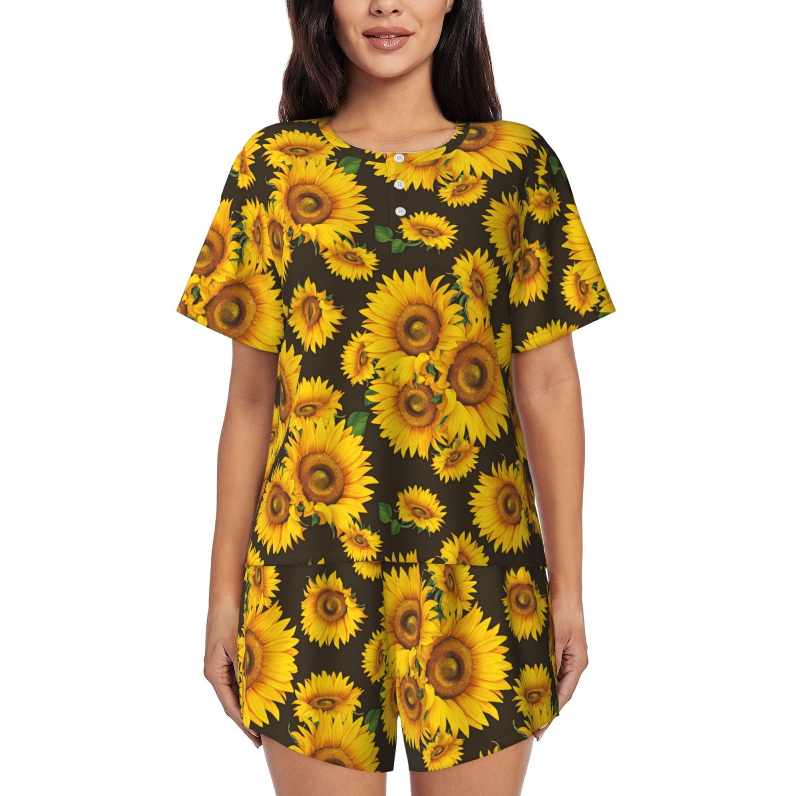 Pajamas for Women Set, Aesthetic sunflower leaf black PJ Lounge Sets ...