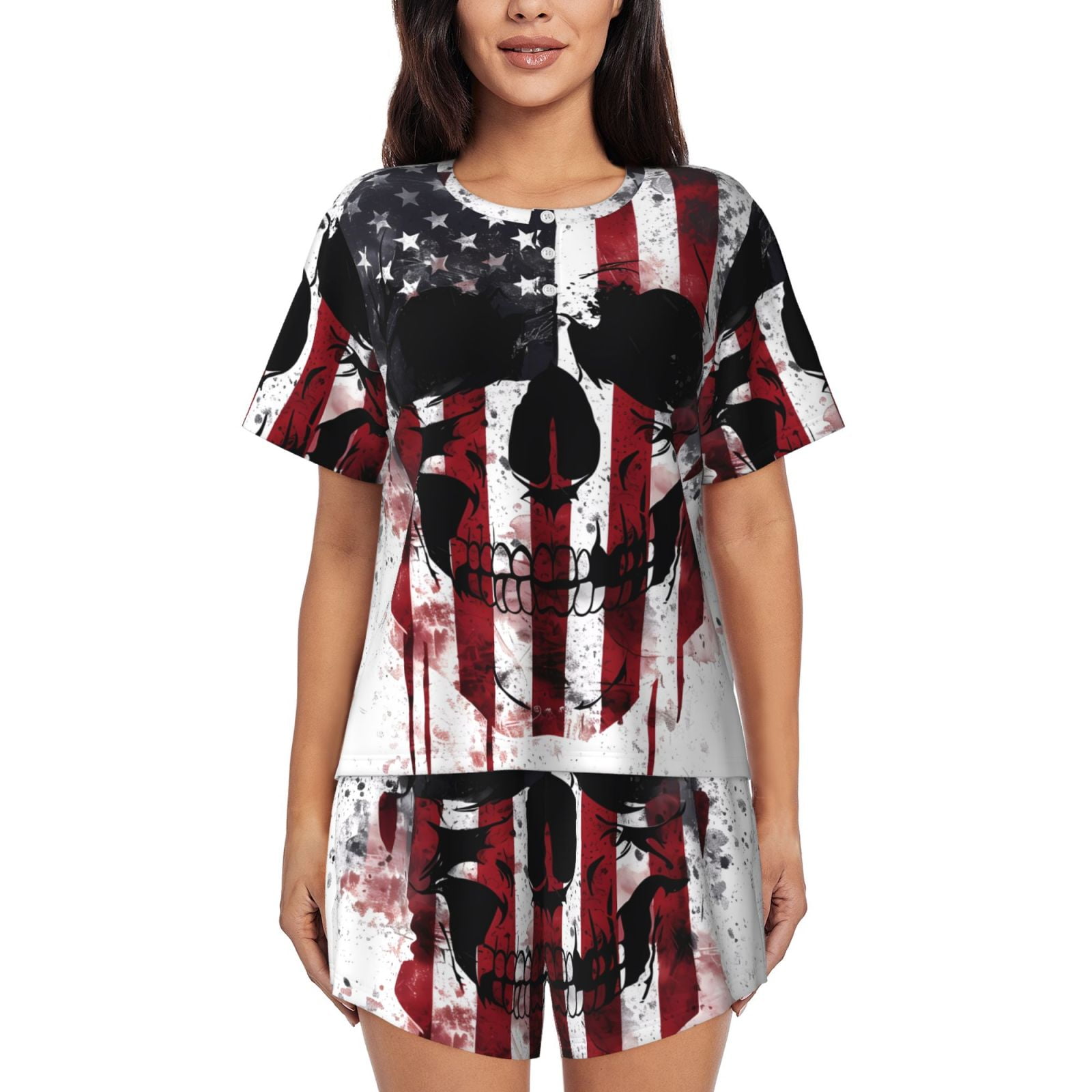 Pajamas for Women Set American Flag Skull Art Soft Short Pj Sets for ...