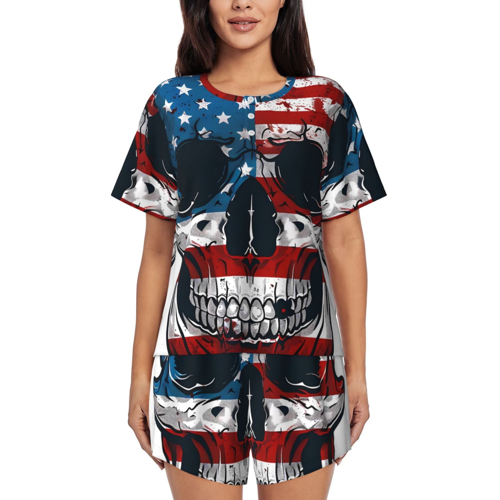 Pajamas for Women Set, American Flag Skull PJ Lounge Sets for Women 2 ...