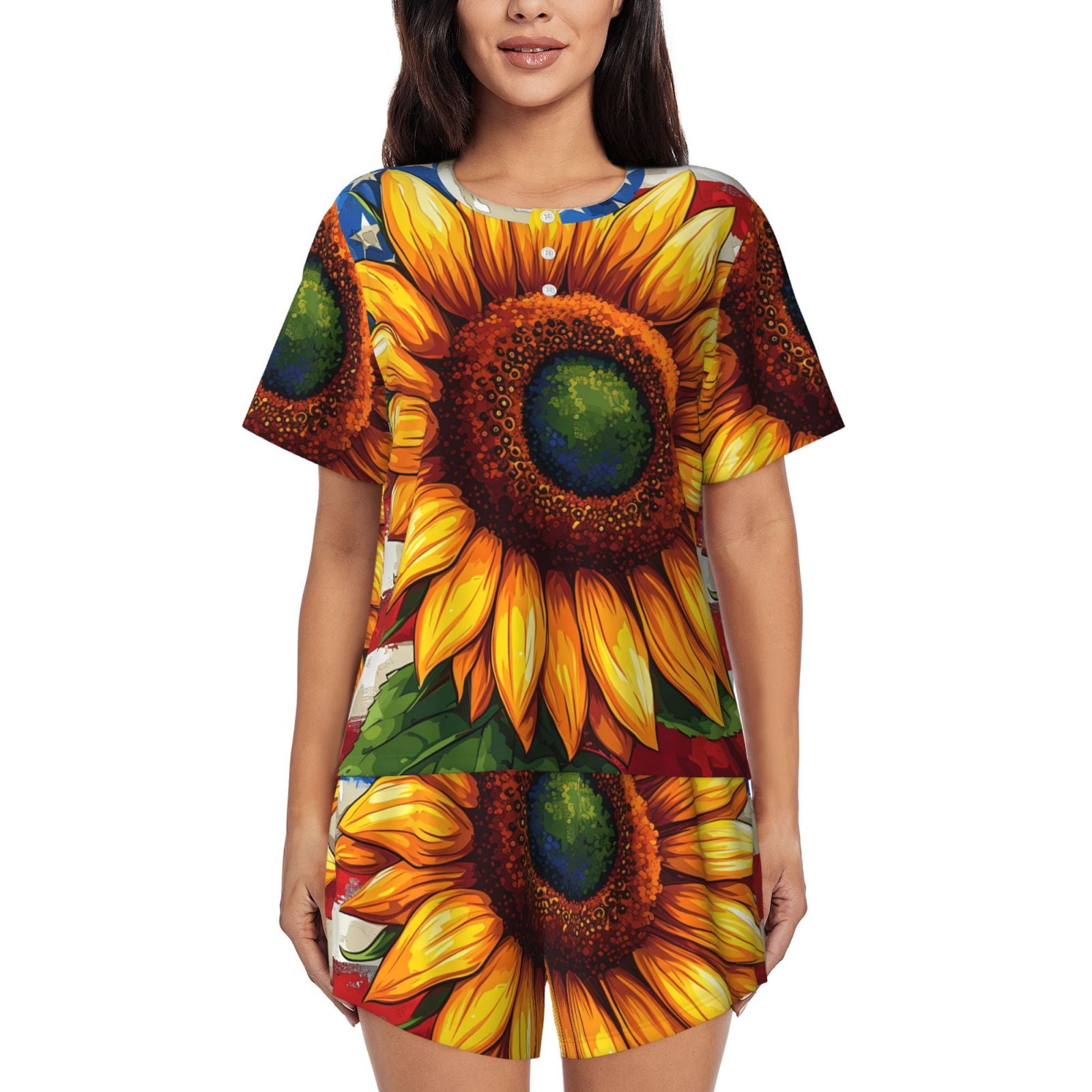 Pajamas for Women Set American Flag Sunflower Art Soft Short Pj Sets ...