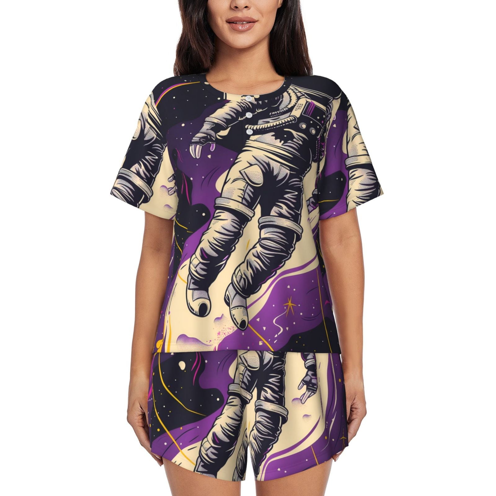 Pajamas for Women Set, Astronaut Floating purple Space PJ Lounge Sets ...