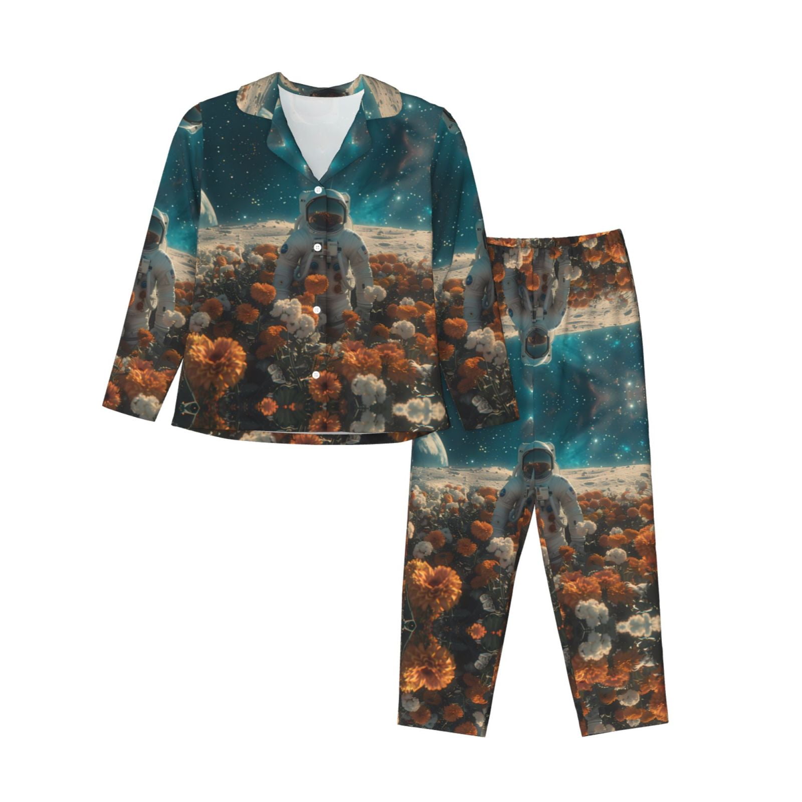 Pajamas for Women Set - Astronaut Flower Field Long Sleeve Womens ...