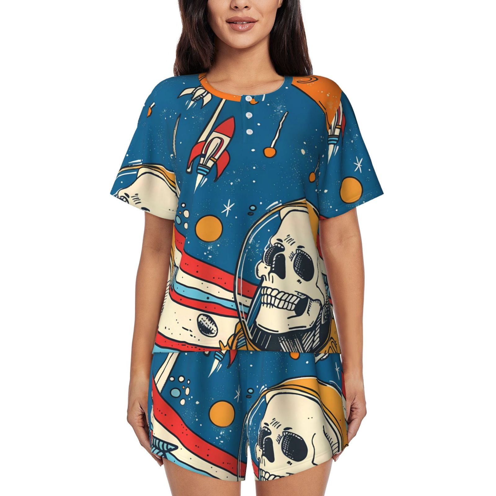 Pajamas for Women Set, Astronaut Skeleton Space PJ Lounge Sets for ...