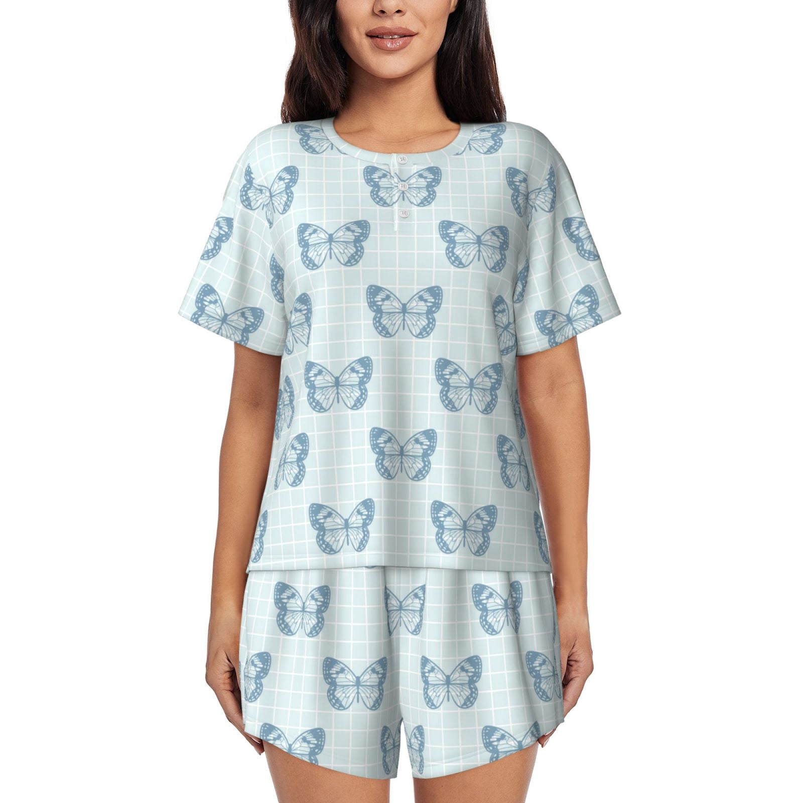 Pajamas for Women Set - Blue butterfly checkered 2 Piece Womens Pajama ...