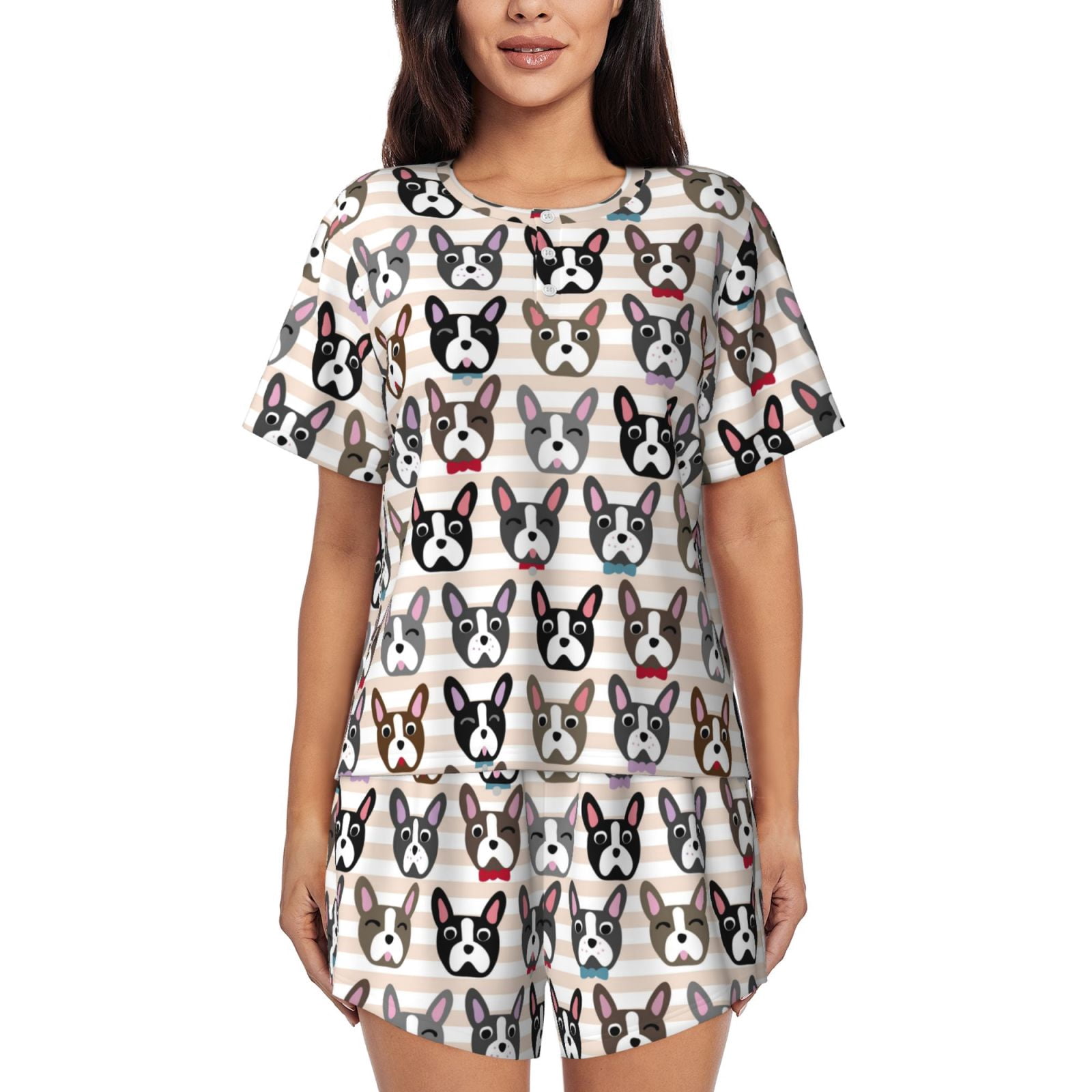 Pajamas for Women Set Boston Terrier French Bulldog Stripe Soft Short ...