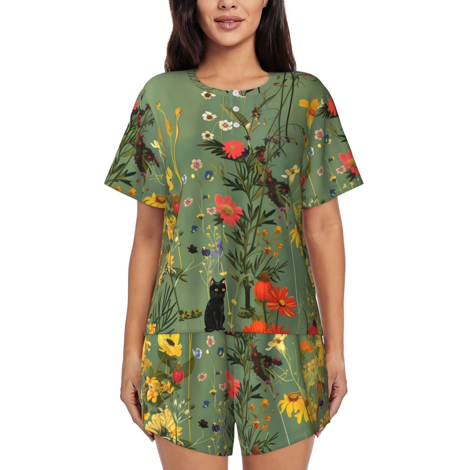 Pajamas for Women Set, Botanical Garden With Cats PJ Lounge Sets for ...