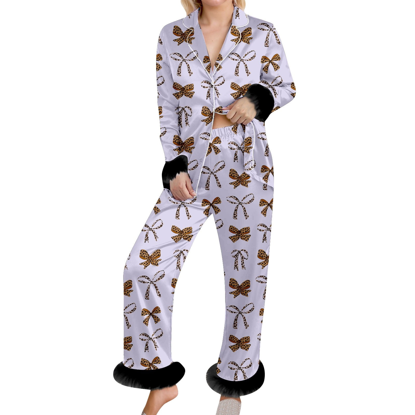 Pajamas for Women Set Bow Printed Silk Pajama Cozy Two Piece Loungewear ...