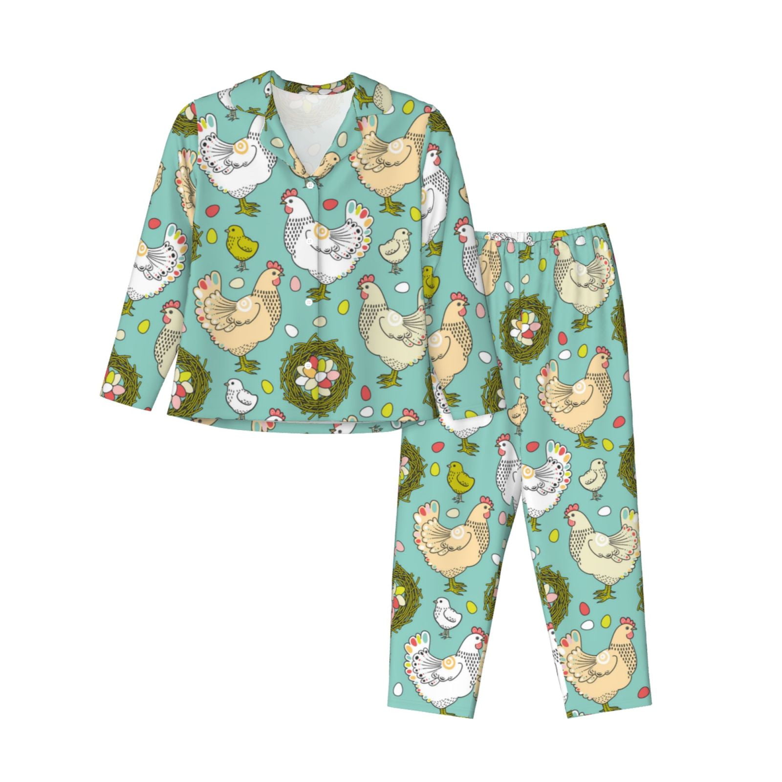 Pajamas for Women Set - Cartoon Colorful Cute Chicken Long Sleeve ...