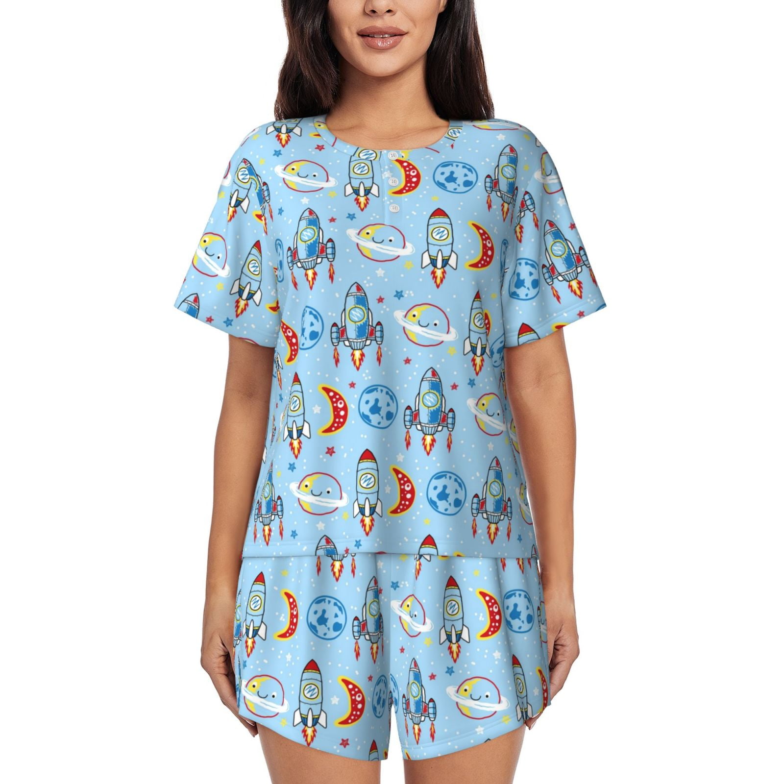 Pajamas for Women Set, Cartoon Rocket With Space PJ Lounge Sets for ...