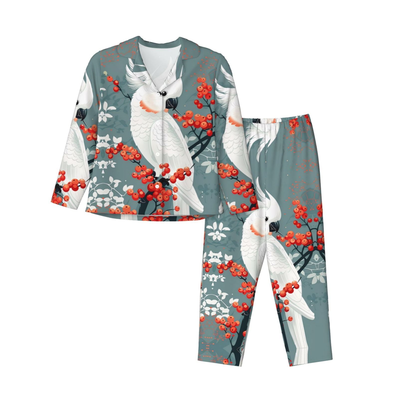 Pajamas for Women Set - Cockatoo Red Berries Long Sleeve Womens Pajama ...