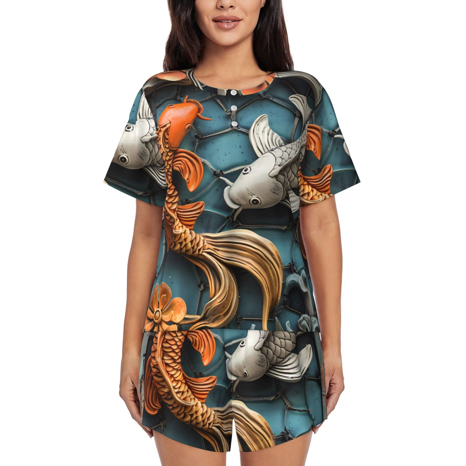 Pajamas for Women Set, Colorful Koi Fish Art PJ Lounge Sets for Women 2 ...