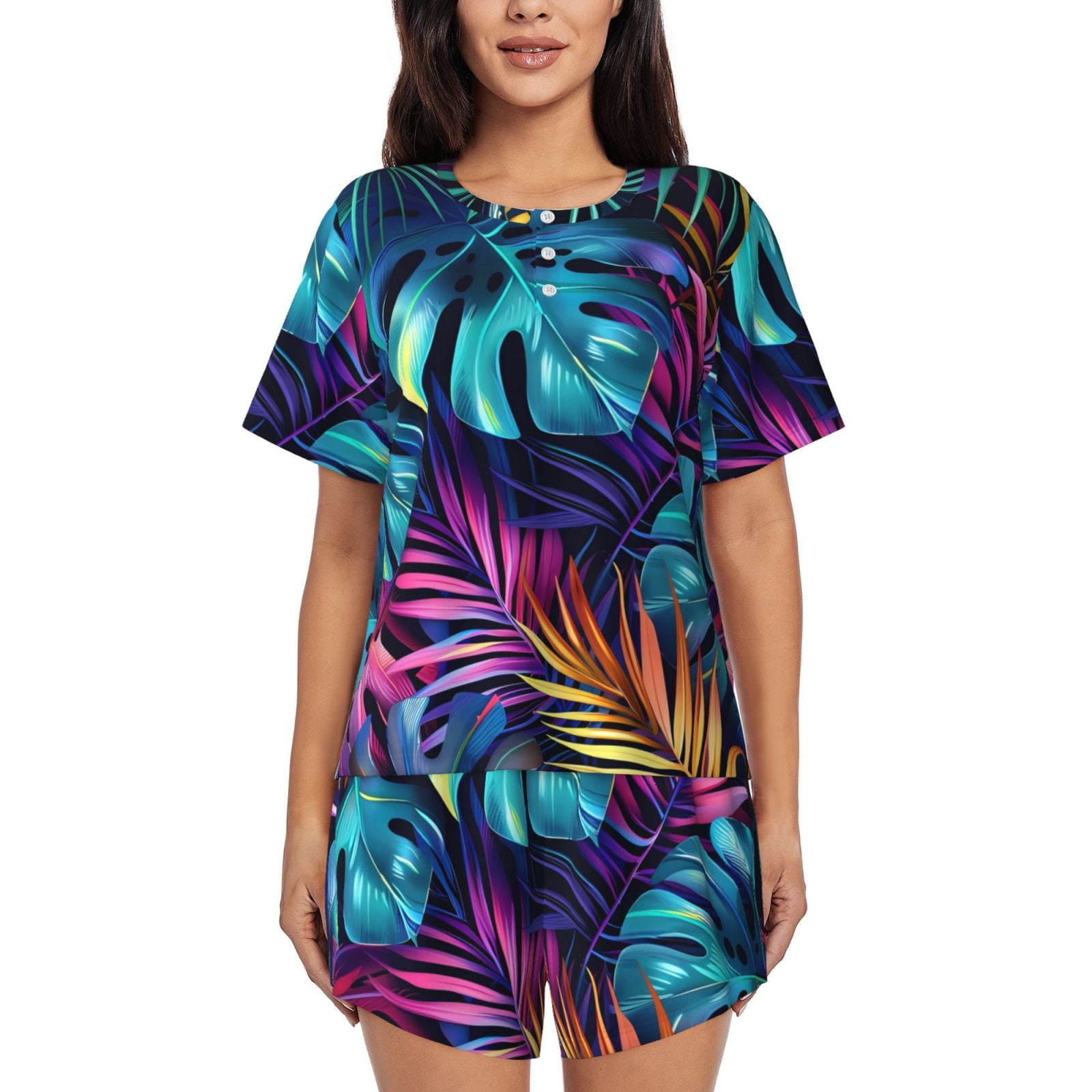 Pajamas for Women Set, Colorful Tropical Leaves PJ Lounge Sets for ...