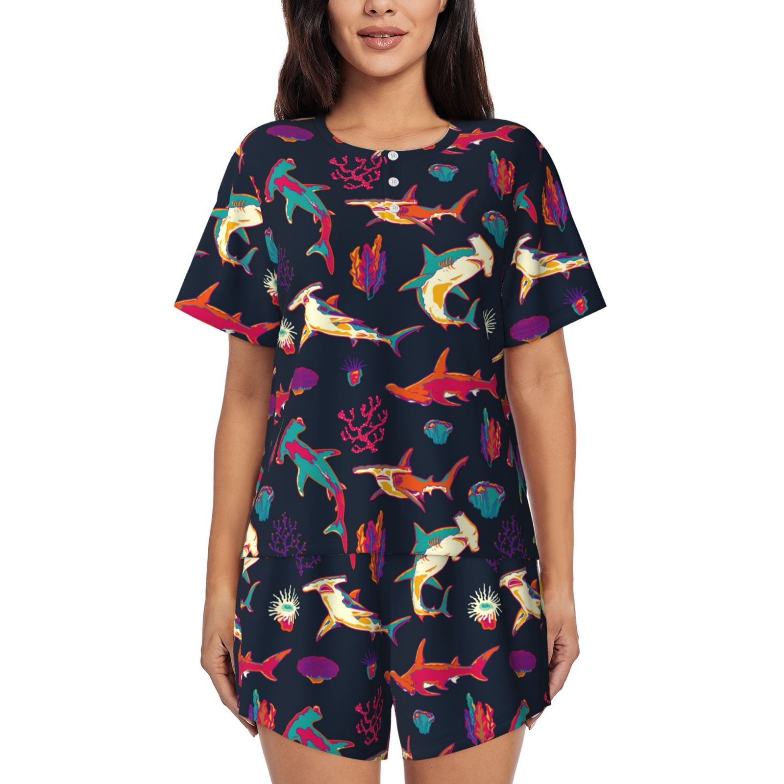 Pajamas for Women Set, Colorful coral hammerhead shark PJ Lounge Sets ...