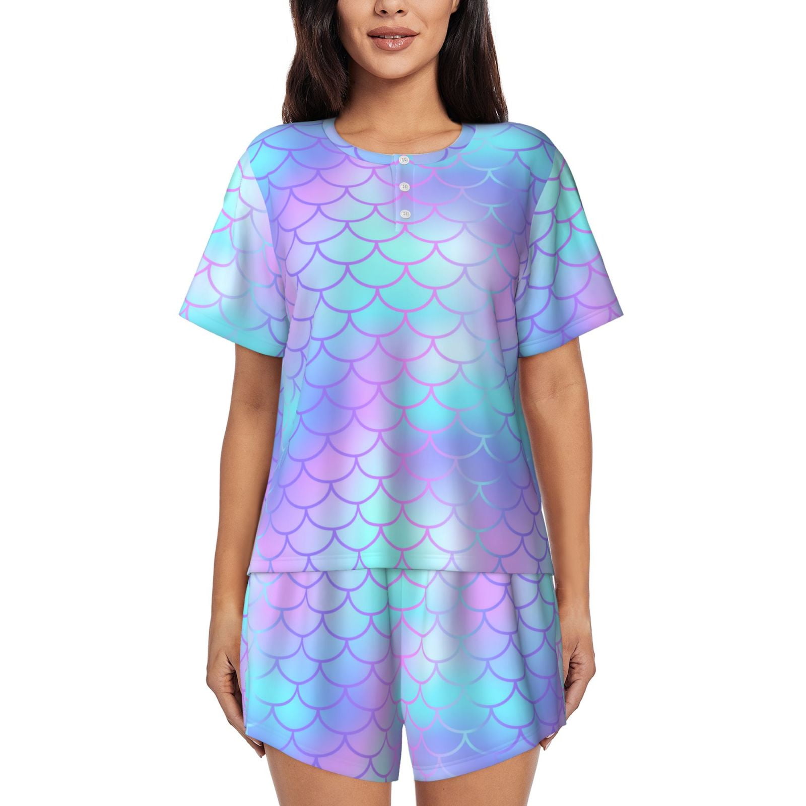 Pajamas for Women Set, Cool blue pink Fish scale PJ Lounge Sets for ...