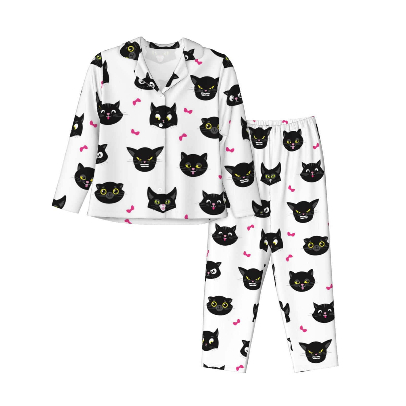 Pajamas for Women Set - Cute Expression Cartoon Cat Black Long Sleeve ...