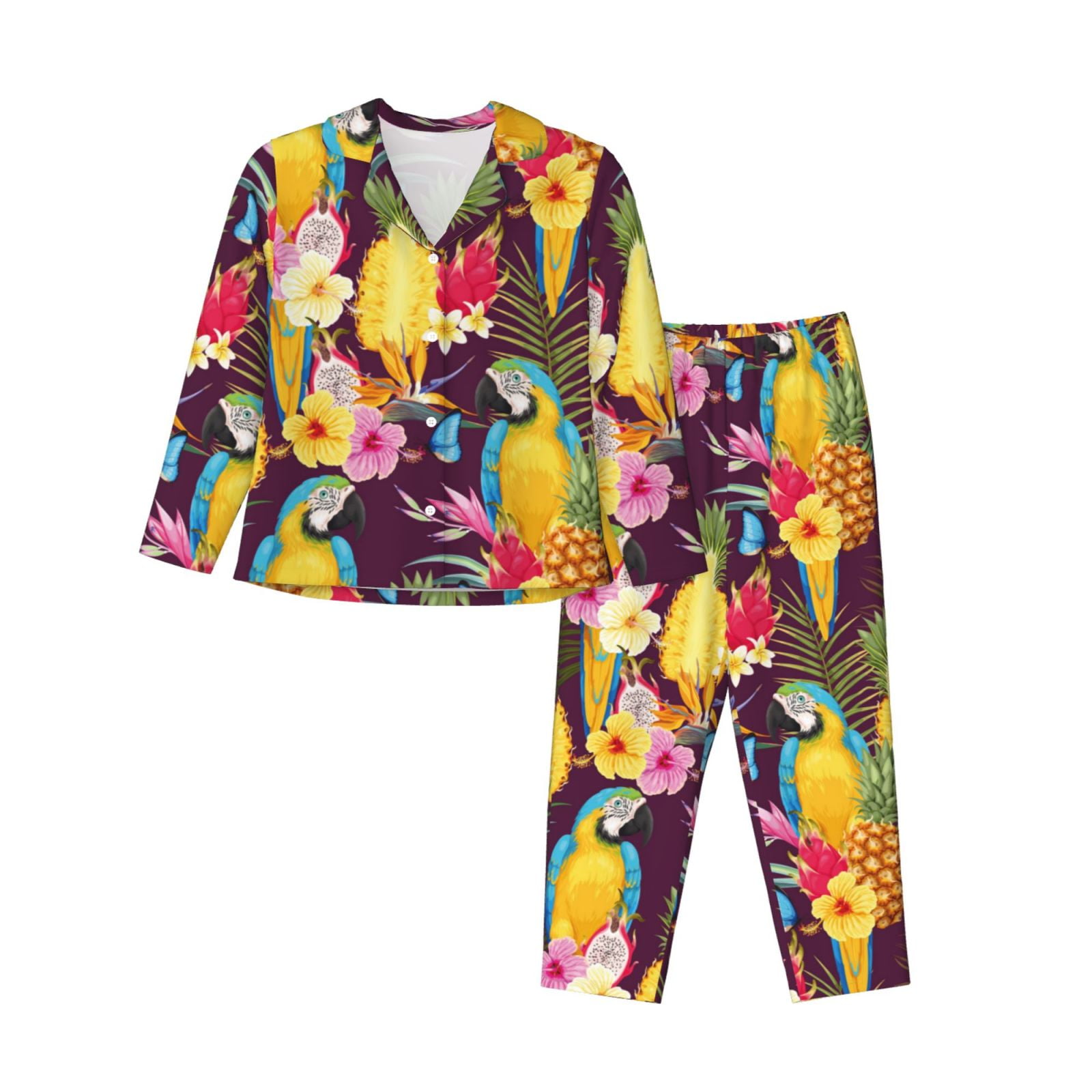 Pajamas for Women Set - Cute Parrot Pitaya Flower Butterfly Long Sleeve ...