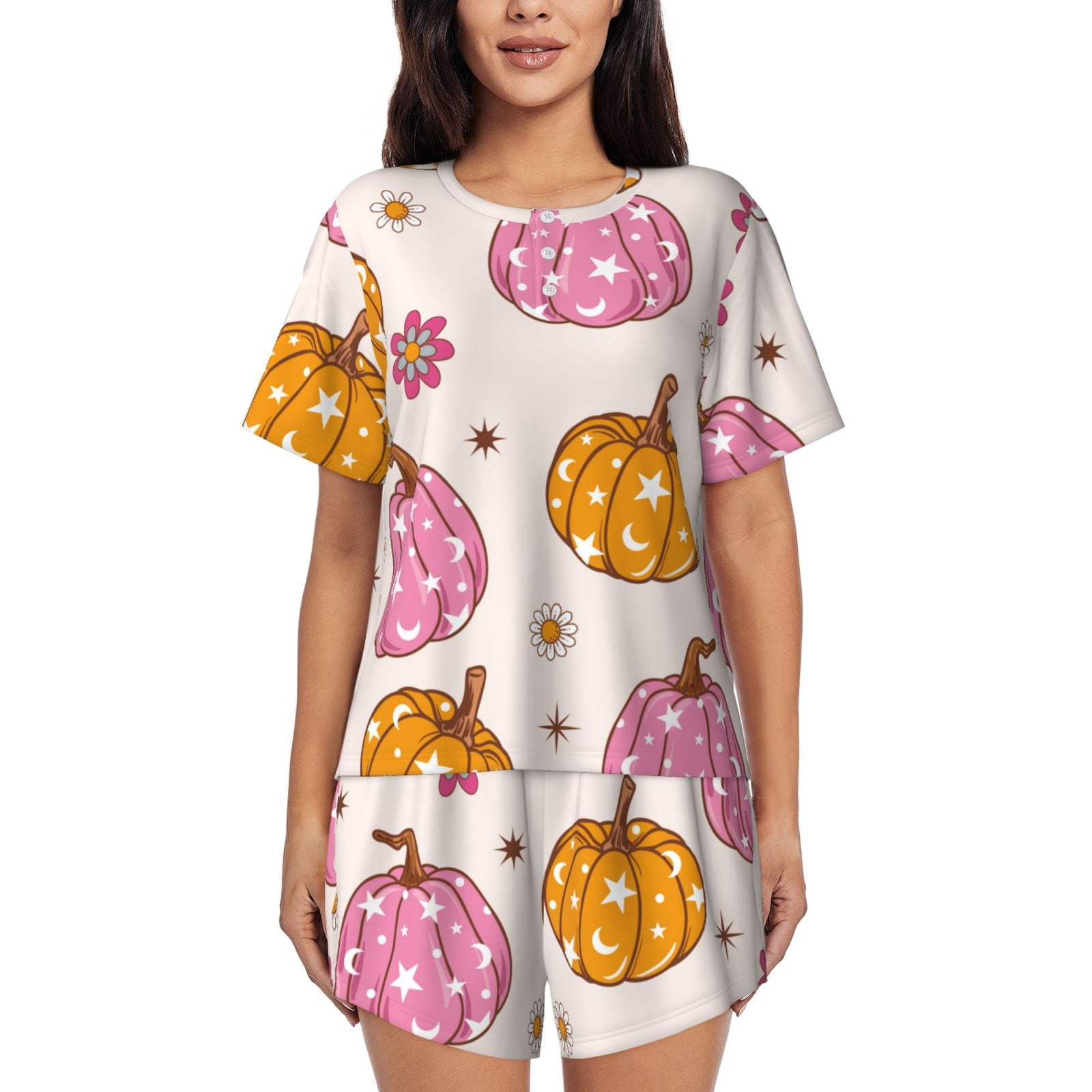 Pajamas for Women Set, Cute Pink Daisy Pumpkin PJ Lounge Sets for Women ...
