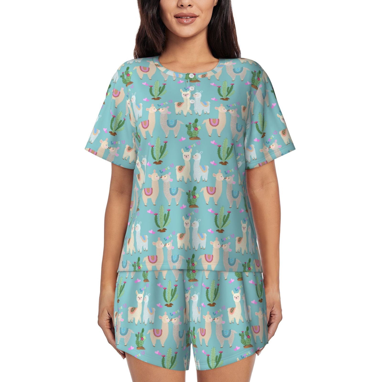 Pajamas for Women Set, Cute alpaca Lamas cactus heart PJ Lounge Sets ...