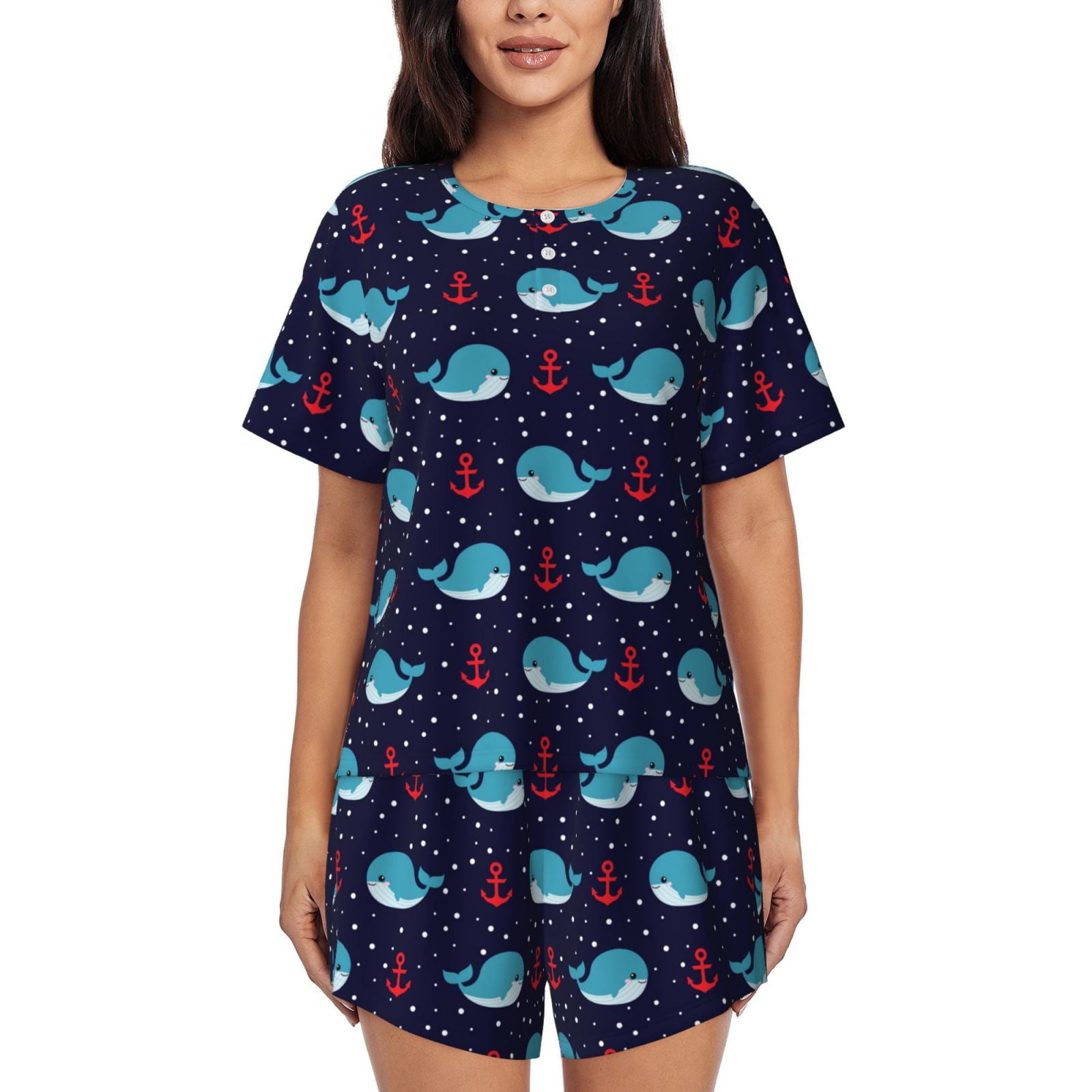 Pajamas for Women Set, Cute anchor whale fish dots cartoon PJ Lounge ...