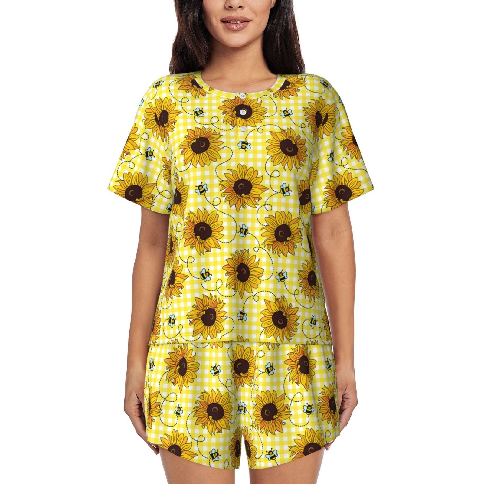 Pajamas for Women Set, Cute bees sunflowers checkered PJ Lounge Sets ...