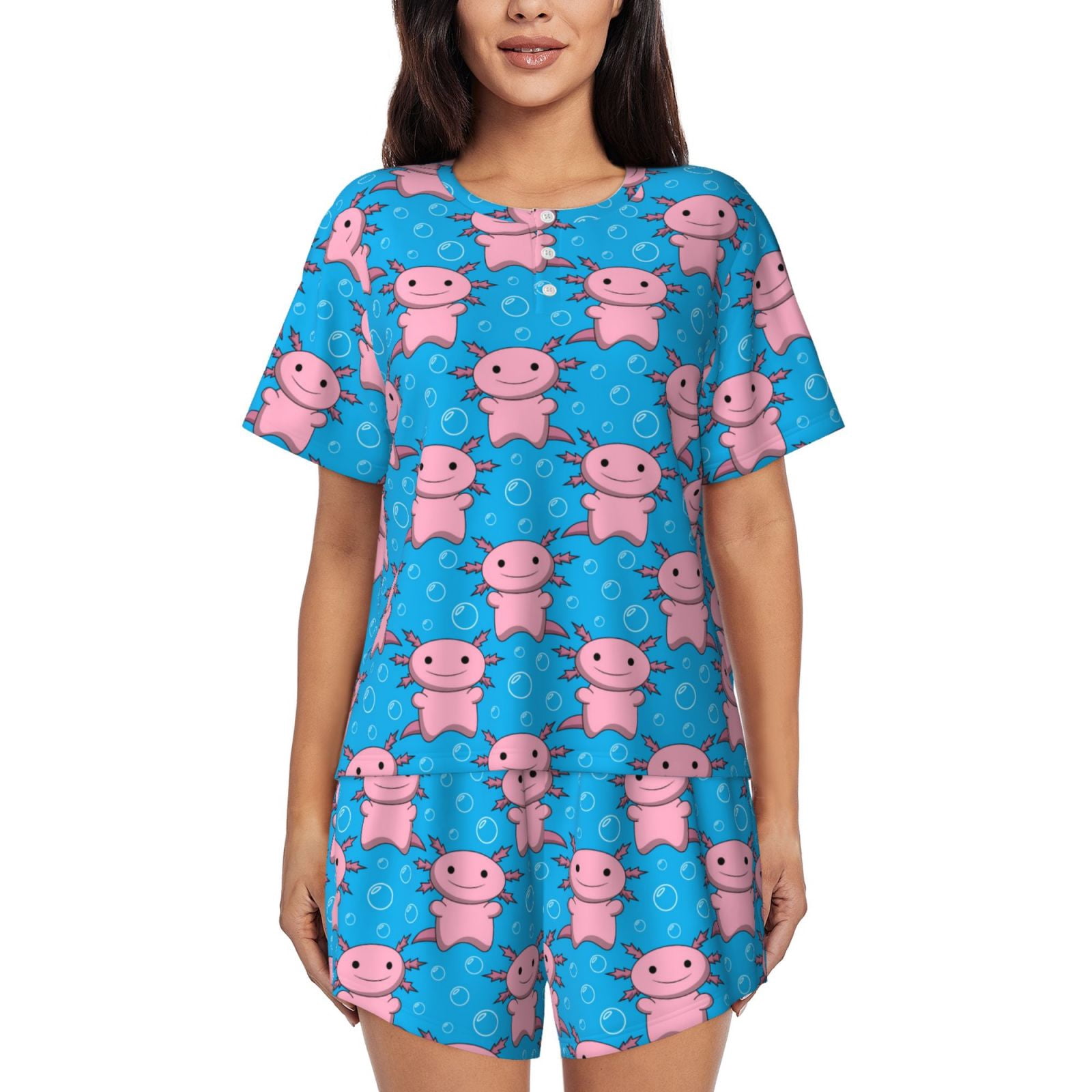 Pajamas for Women Set - Cute cartoon Axolotl bubbles blue 2 Piece ...