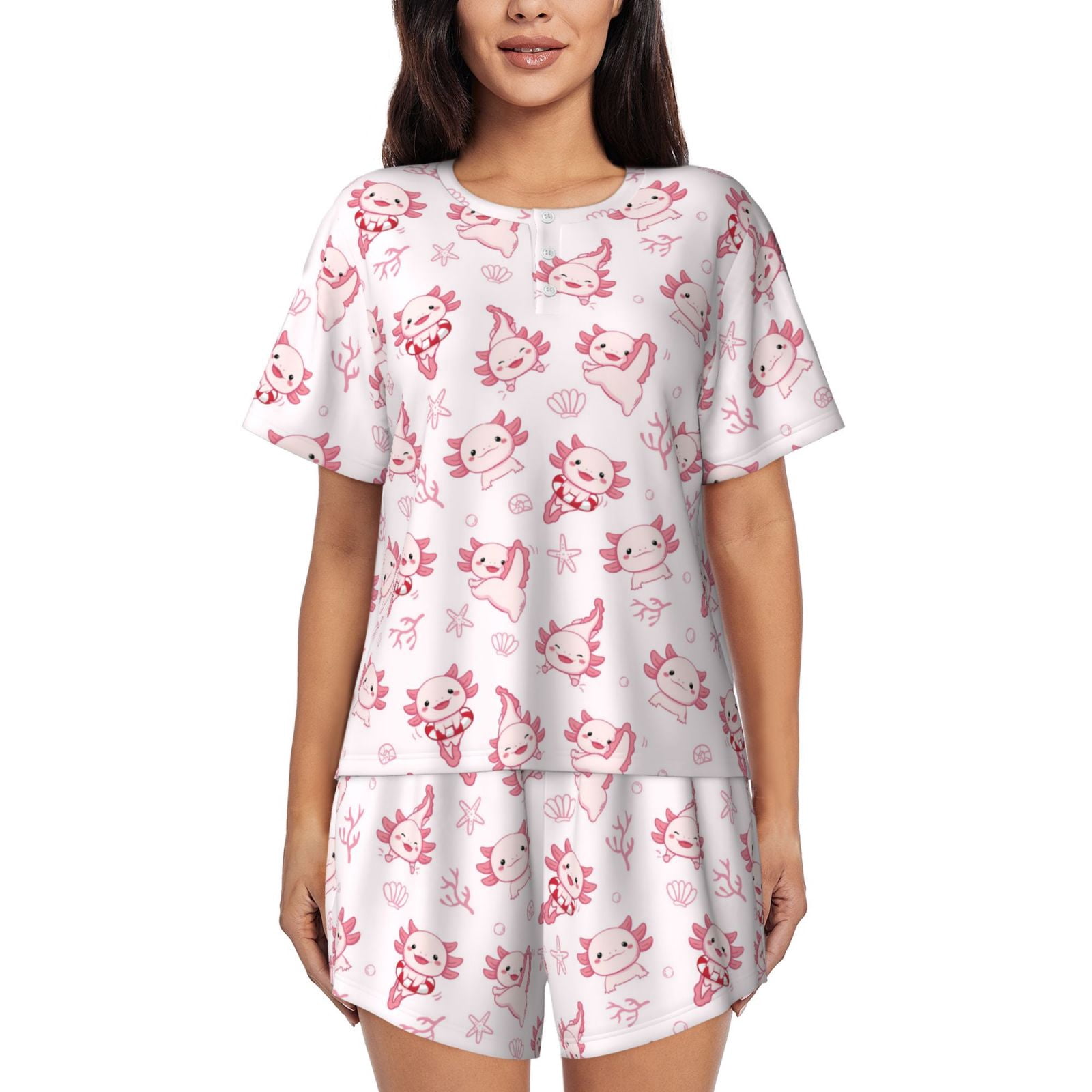 Pajamas for Women Set, Cute kawaii pink axolotl funny PJ Lounge Sets ...