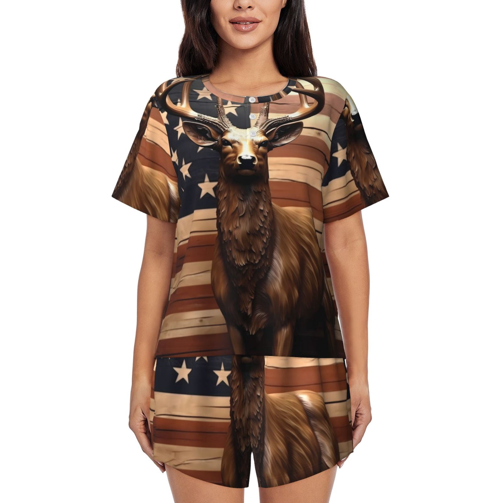 Pajamas for Women Set Deer American Flag Vintage Soft Short Pj Sets for ...