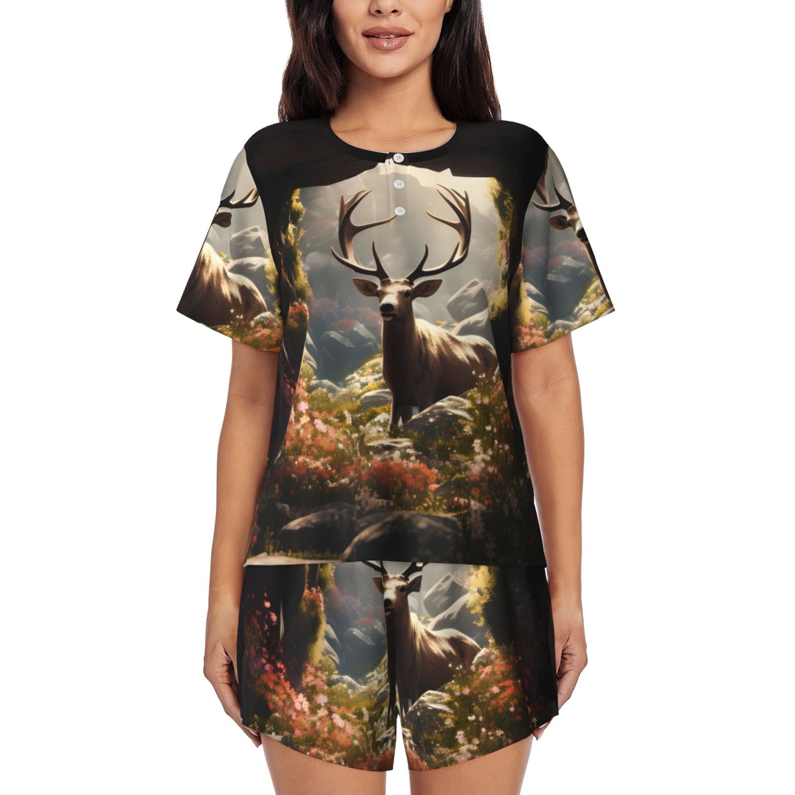 Pajamas for Women Set, Enchanted Deer In Cave PJ Lounge Sets for Women ...