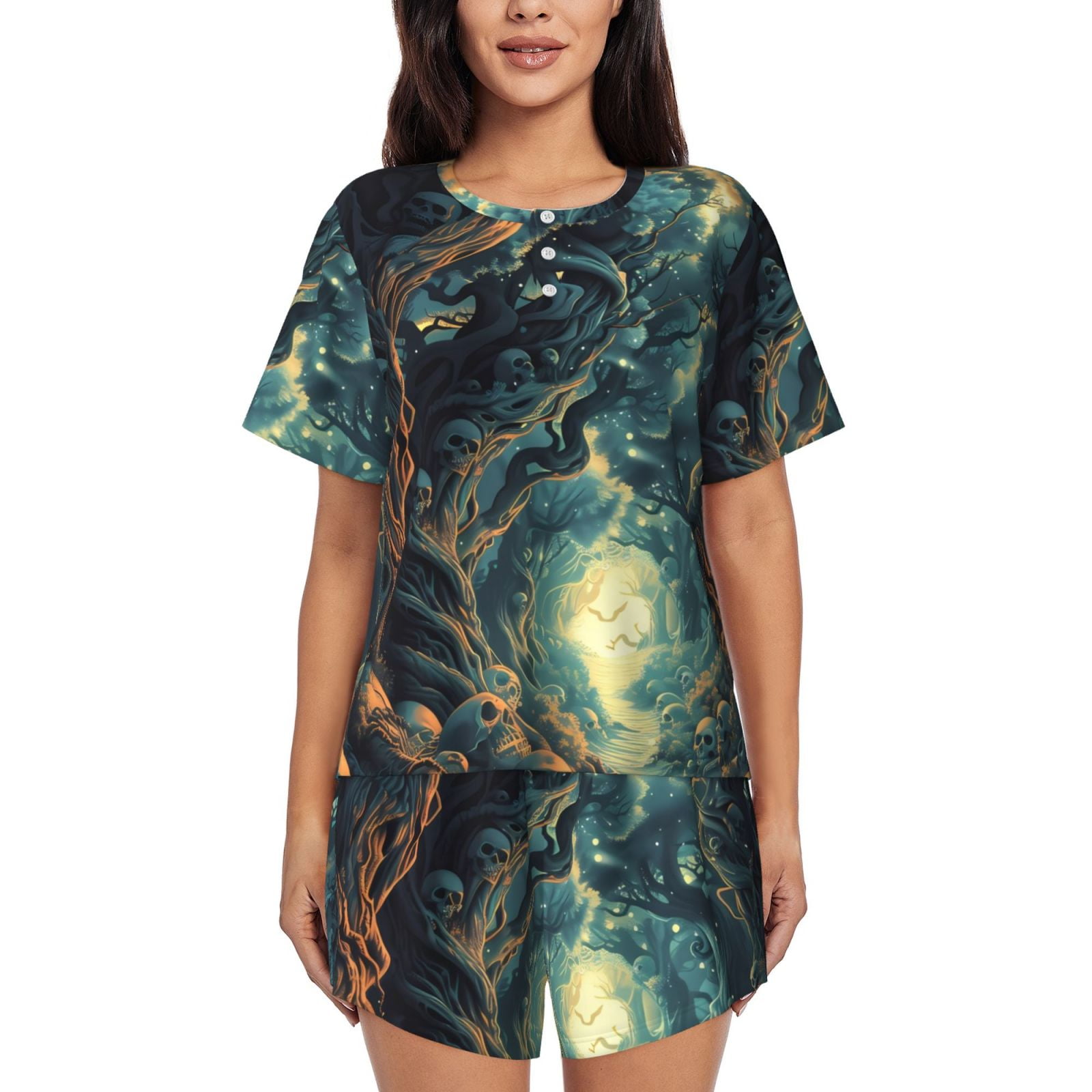Pajamas for Women Set, Enchanted Forest Skull Path PJ Lounge Sets for ...
