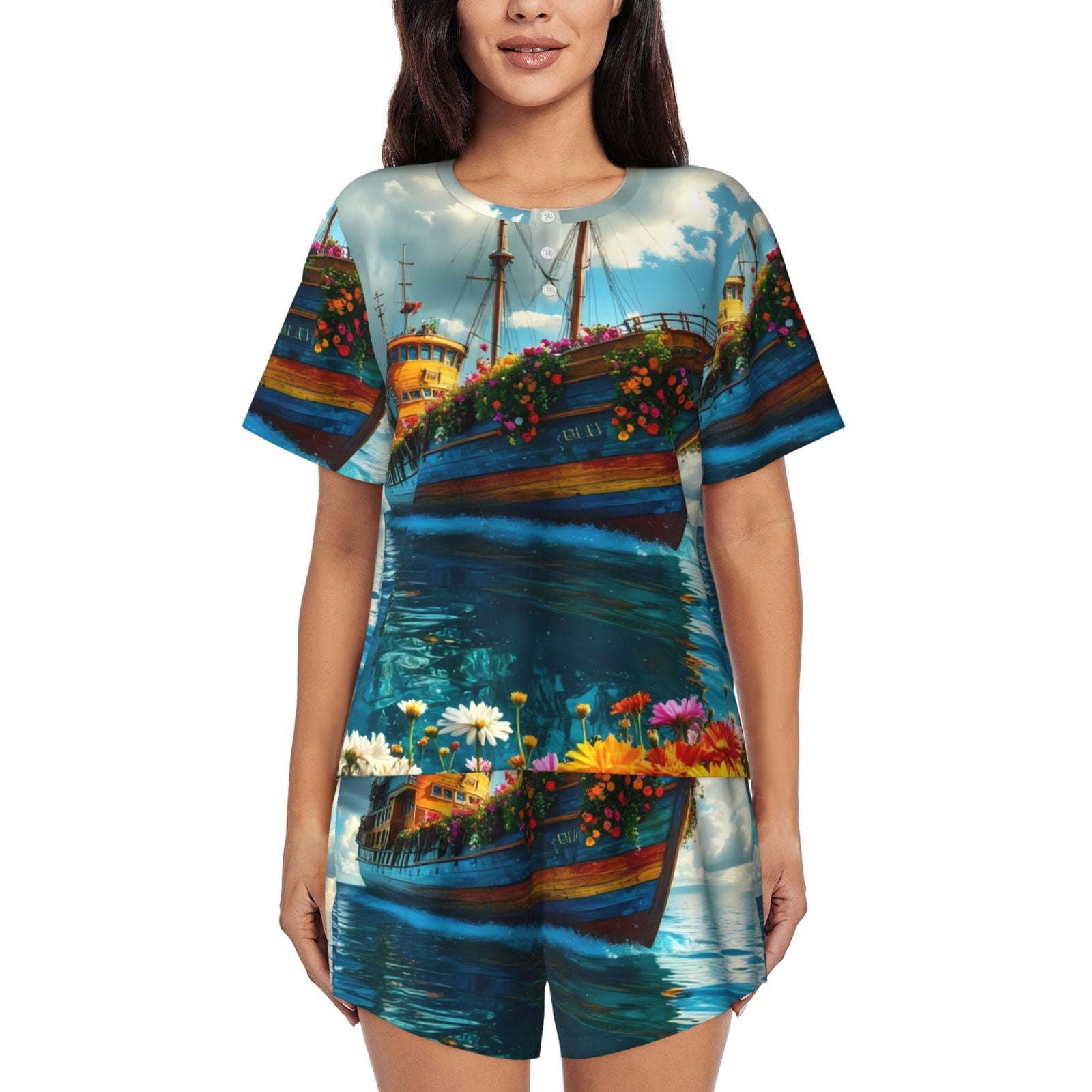 Pajamas for Women Set, Floral Ship On Ocean PJ Lounge Sets for Women 2 ...