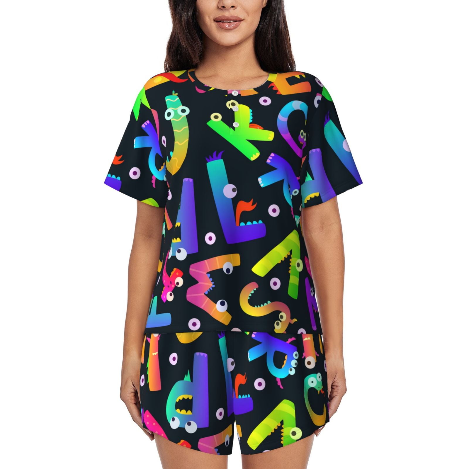 Pajamas for Women Set, Funny Alphabet Monster PJ Lounge Sets for Women ...