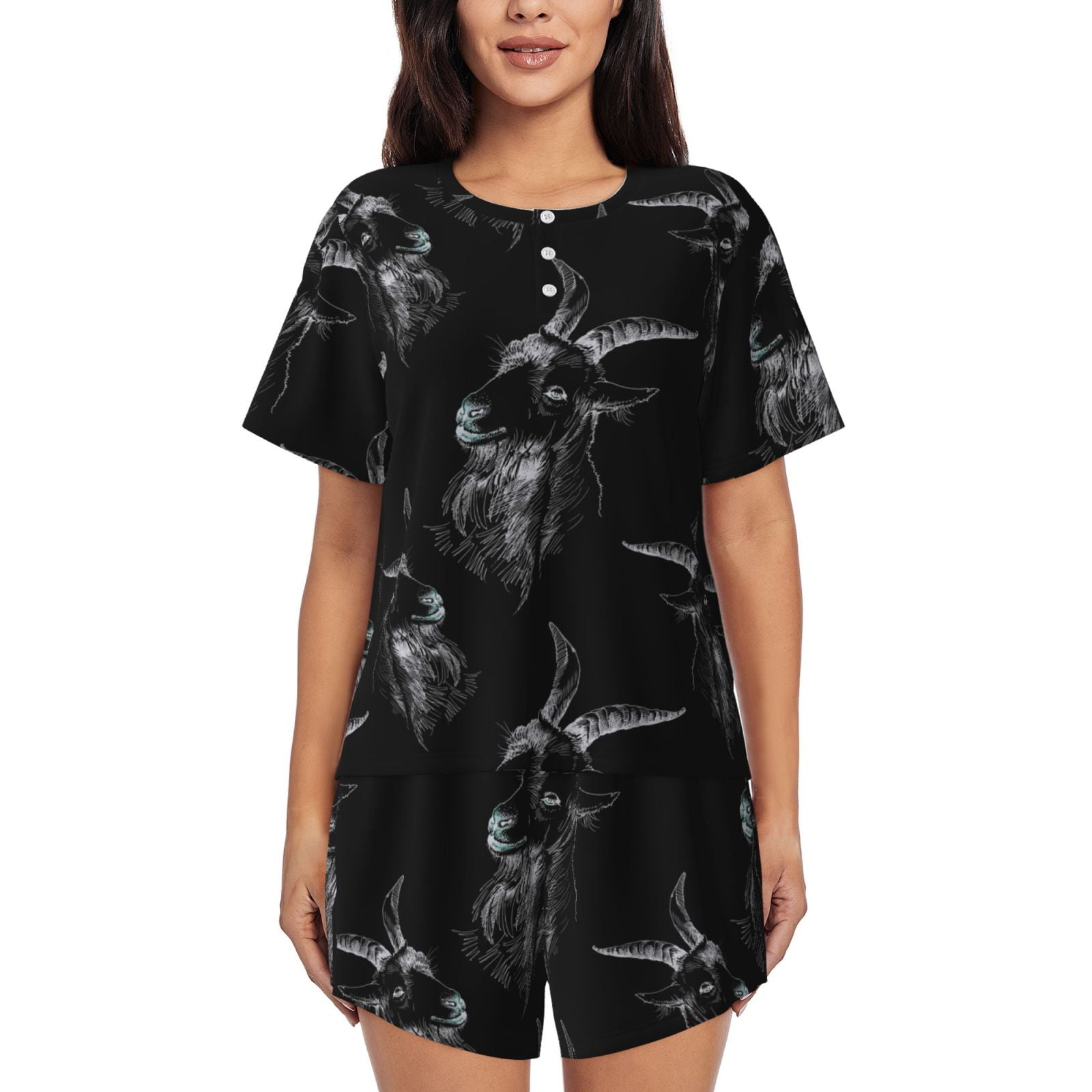 Pajamas for Women Set, Goat heads hand drawn black cool PJ Lounge Sets ...