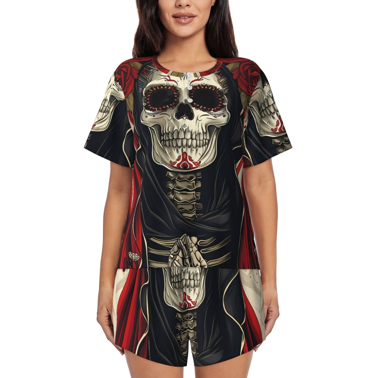 Pajamas for Women Set, Gothic Skull With Roses PJ Lounge Sets for Women ...