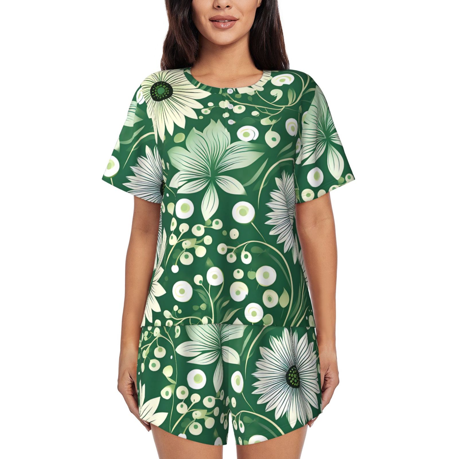 Pajamas for Women Set, Green Floral Botanical PJ Lounge Sets for Women ...