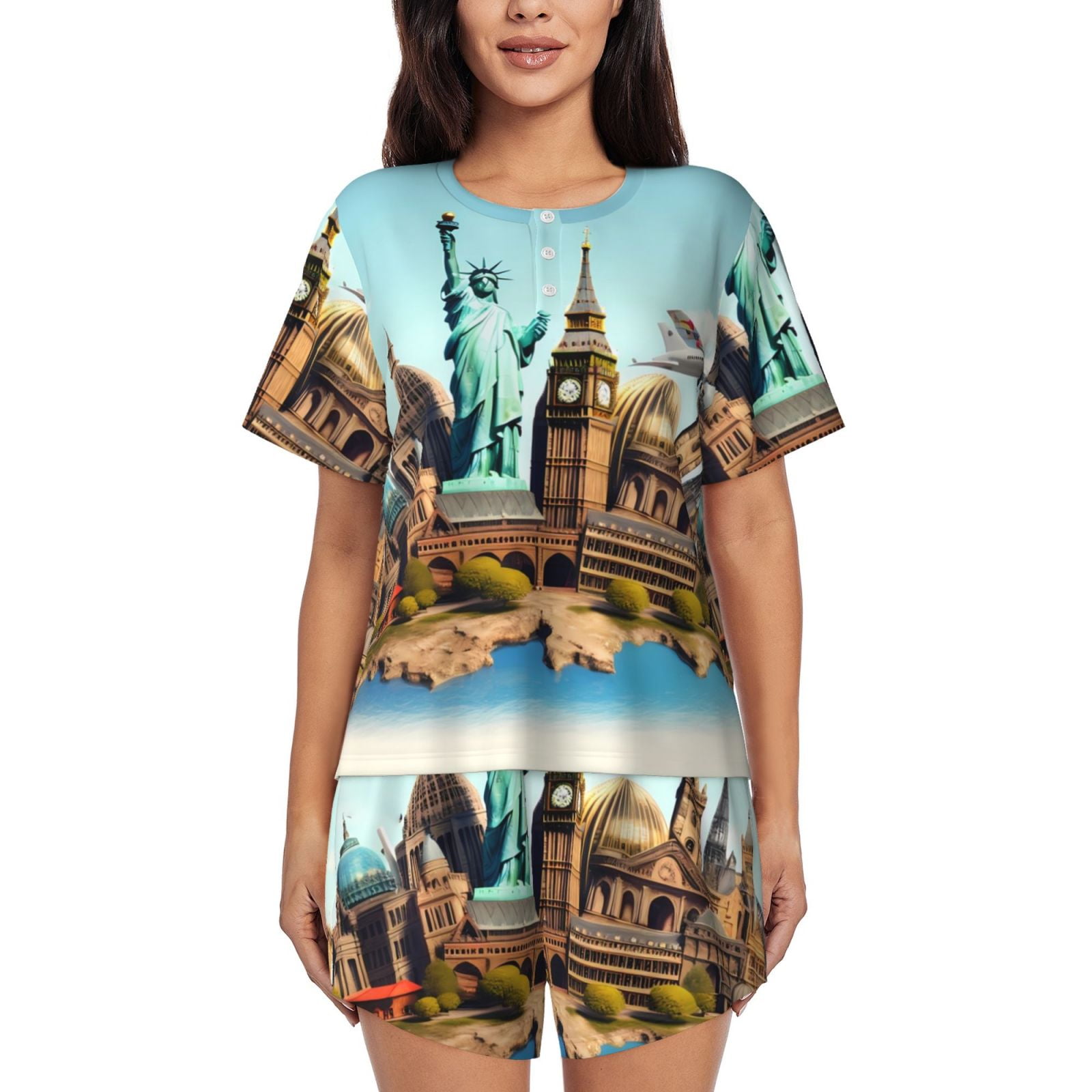 Pajamas for Women Set Iconic Global Landmarks Soft Short Pj Sets for ...
